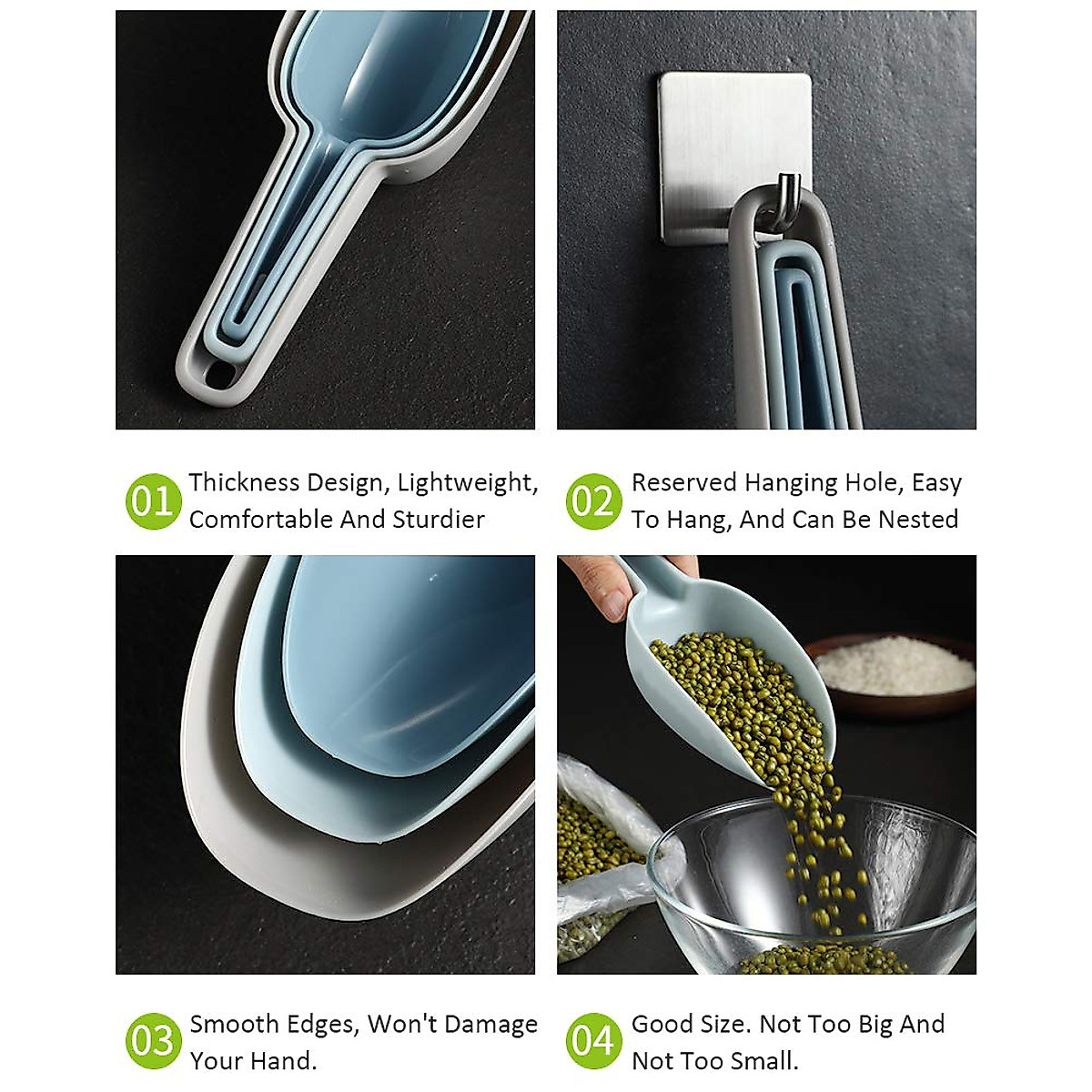 Ice Scoop Set of 3, Multi-purpose Plastic Kitchen Scoops Bar Scooper for Canisters, Flour, Powders, Dry Foods, Candy, Pop Corn, Coffee Beans and Pet Food