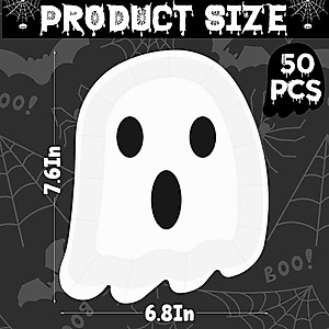 QZYL 50 PCS Halloween Plates, 7.6'' X 6.8'' Ghost Plates, Disposable Halloween Paper Plates with Ghost Design, White Halloween Party Plates for Halloween Decorations Party Supplies Decor Ghost Decor
