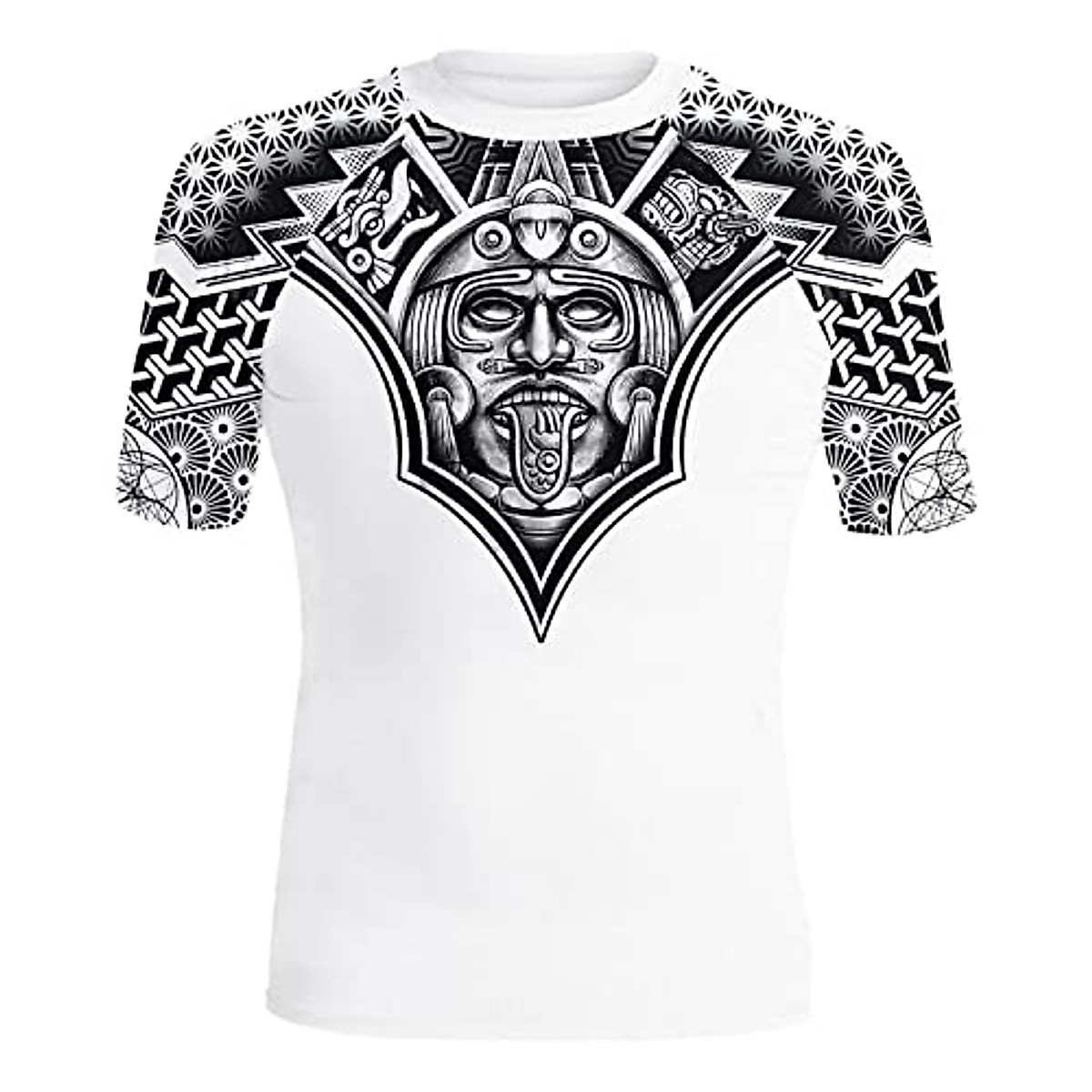 PERSONALFURY - Aztec Sun Calendar Men's Short Sleeves Compression Rash Guard MMA BJJ White Ultra Soft Rash Guard - L