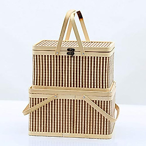 HEFUTE Handmade Bamboo Basket with Lid, Handle Square Portable Organizer with Lock Fit for Clothes Storage Lightweight Durable Easy to Carry