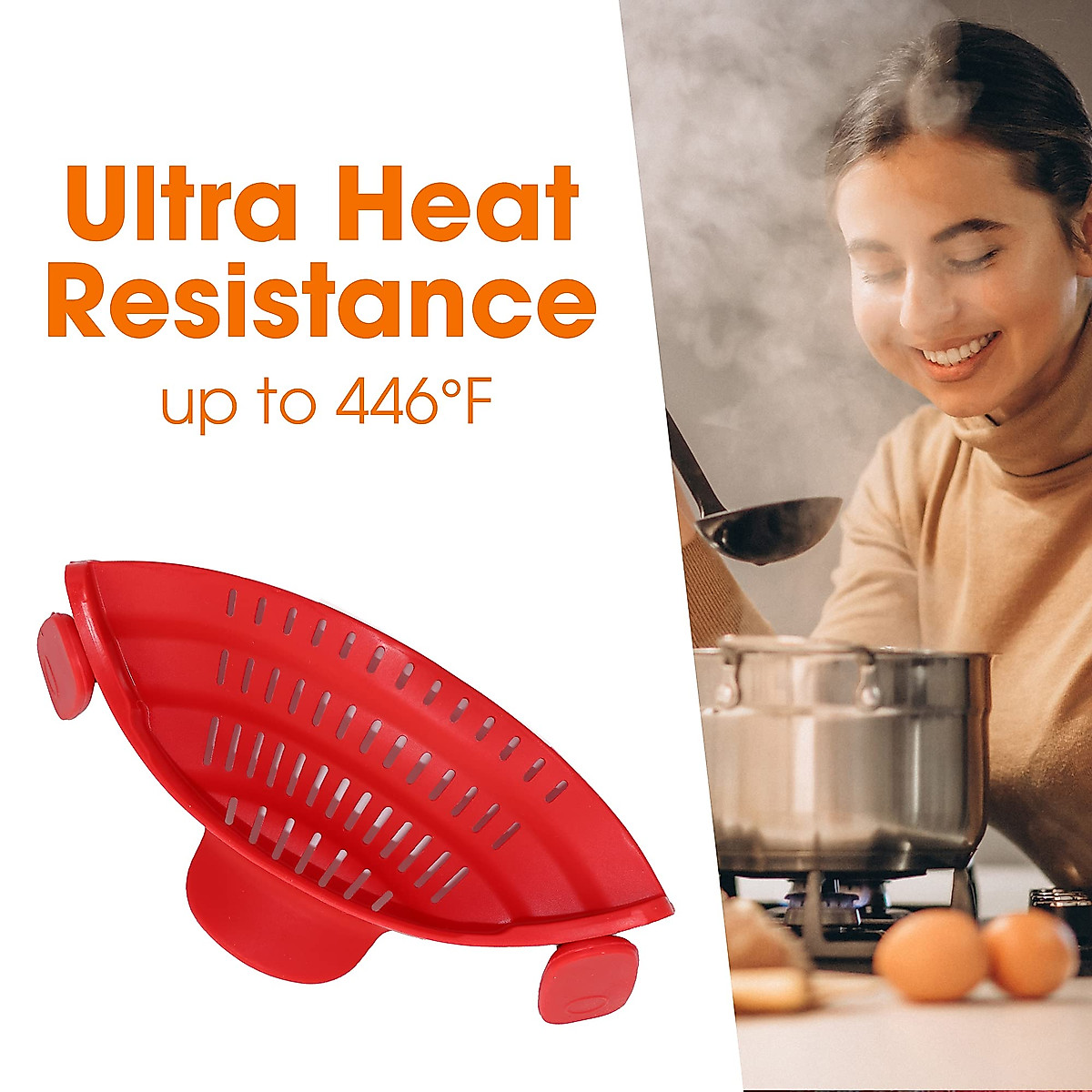 Cheer Collection Silicone Clip on Pot Strainer, Heat-resistant Snap-On Strainer for Pasta, Noodles, Rice, Meats and Vegetables, Red