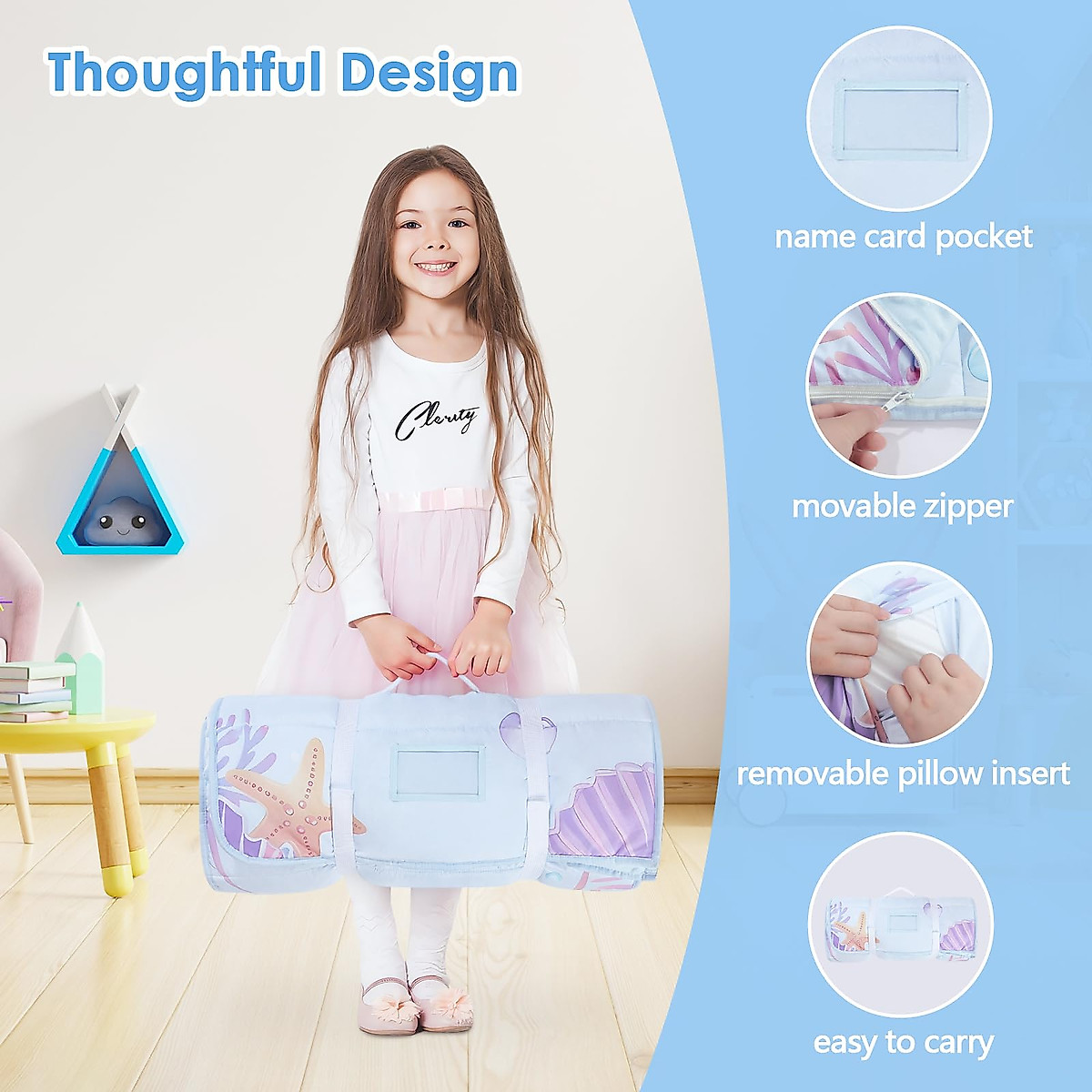 Kids Nap Mat Portable Slumber Bags with Removable Pillow and Blanket for Girls Boys, Lightweight Extra Large Sleeping Bag for Preschool Camping Daycare