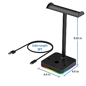 KAFRI RGB Dual Headphone Stand with USB Hub Desk Gaming Double Headset Holder Hanger Rack with 1 USB2.0 Extension Charging Port Extender Cord - Suitable for Gamer Desktop Table Game Earphone