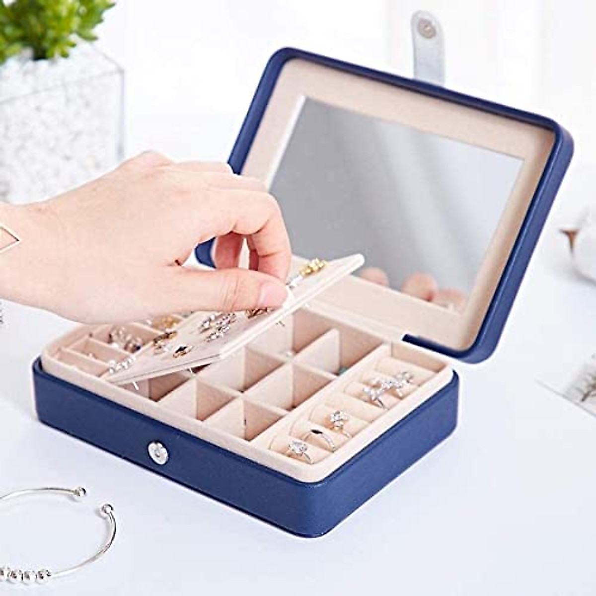 ZZYINH AN207 American Style Portable Pu Fresh Simple Ear Stud Jewlery Box Small Earrings Ring Multi-Functional Jewelry Box Small Jewelry (Color : Blue2)