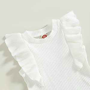 Kid Toddler Baby Girl Summer Outfits Ruffled Sleeveless Ribbed Tops Elastic Waist Shorts with Belt Outfit Set (A-White Pink, 3-4 Years)