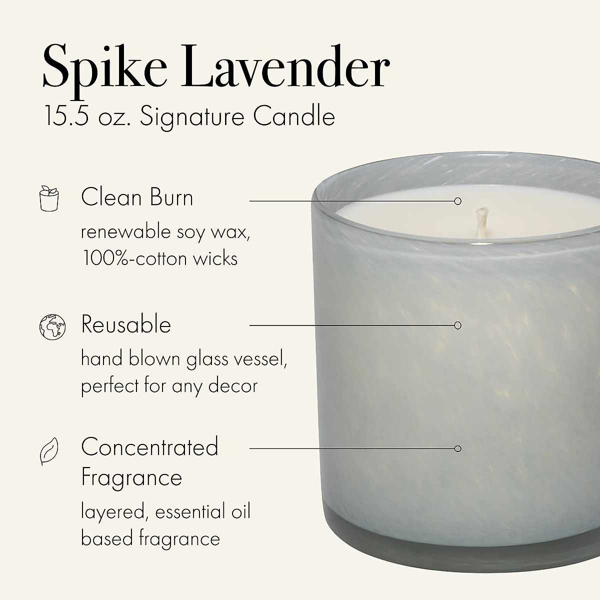 LAFCO New York Signature Candle, Spike Lavender - 15.5 oz - 90-Hour Burn Time - Reusable, Hand Blown Glass Vessel - Made in The USA