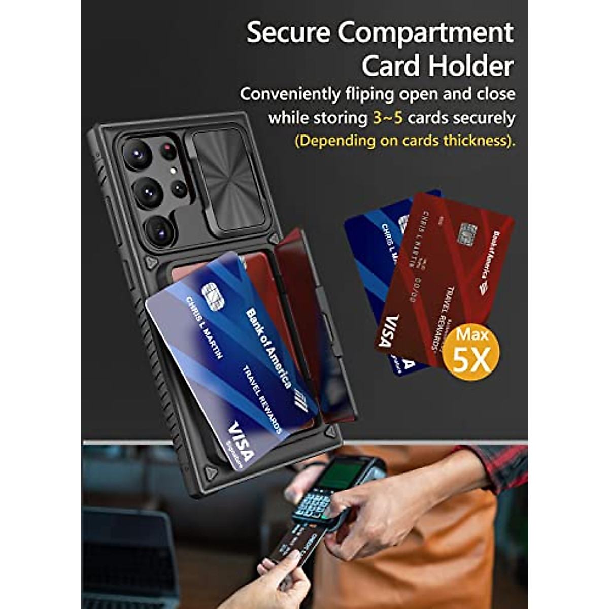 Vihibii Case with Card Holder (4 Cards) & Sliding Camera Cover & Kickstand, Shockproof Rugged Hard Back & TPU Edge Wallet Case for Samsung Galaxy S23 Ultra 5G 6.8" 2023 , Black