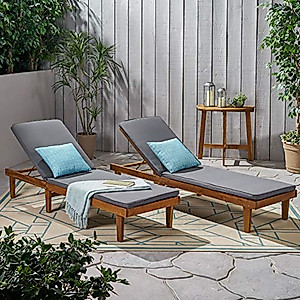Christopher Knight Home Madge Oudoor Chaise Lounge with Cushion (Set of 2), Teak Finish, Dark Gray