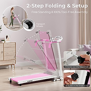 GYMAX Foldable Treadmill, Freestanding Easy Assembly Folding Treadmill with 12 Preset Programs, LCD Monitor, Built-in Wheels & Pulse Sensor, Portable Compact Running Machine for Small Space (Pink)