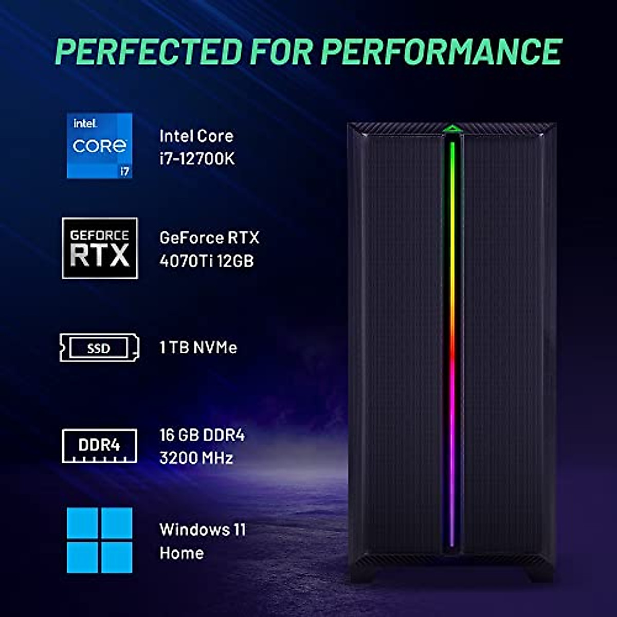 Skytech Gaming Siege Gaming PC Desktop – Intel Core i7 12700F 2.1 GHz, NVIDIA RTX 4070 Ti, 1TB NVME SSD, 16GB DDR4 RAM 3200, 850W Gold PSU, 240mm AIO, 11AC Wi-Fi, Windows 11 Home 64-bit