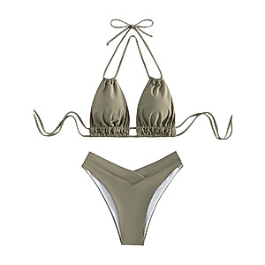 SweatyRocks Women's 2 Piece Bathing Suit Lace Up Halter Triangle Bikini Asymmetrical Waist High Cut Swimsuit Army Green L