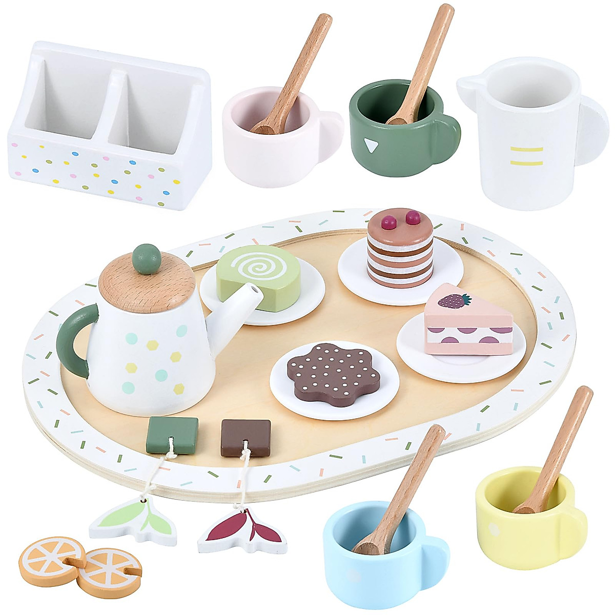 WHOHOLL Wooden Tea Party Set for Little Girls Play Food, Toddler Girl Toys Play Kitchen Accessories with Teapot Tea Cup Dessert Toys 4 Set Playset- Pretend Play Set for Toddlers 1 2 3 5