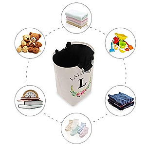 Laundry Hamper Personalized Floral Initial Laundry Basket Shopping Bag, Collapsible Fabric Laundry Hamper, Foldable Clothes Bag for Toy Bins, Gift Baskets, Bedroom, Clothes, Baby Hamper 2100087(L)