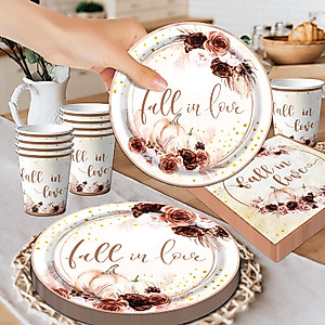 GREHUMOR 80pcs Fall Place Setting, Includes Disposable Tableware with Burgundy Flowers & Pumpkin Design, for Bridal Shower, Engagement, Anniversary, Autumn Themed Events