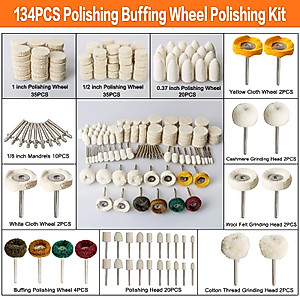 134PCS Polishing Buffing Wheel Polishing Kit Compatible with Dremel, Polishing Wheel Rotary Tool Accessories with 1/8" Shank, Abrasive Wheel Buffing Polishing Wire Brushes Wool Felt Cotton Mounted