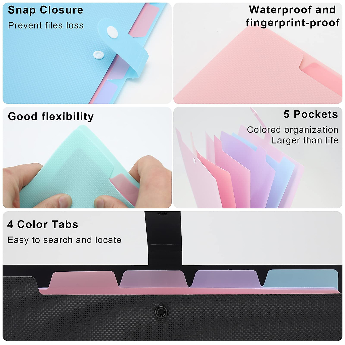 NAFY Colorful Expanding File Folder, 5 Pockets Folder with Colored Labels Portable Weave Pattern Accordion File Folder A4 Letter Size Project Organizer Document Folder for Office School (Pink)