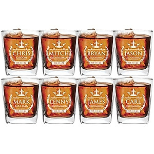 Set of 1, 3, 7 and More Custom Personalized Whiskey Rocks Glasses for Bachelor Party - Engraved Square Rocks Glass Gifts for Groom, Groomsman - Royal Style (8)