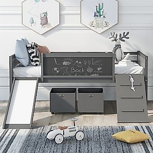 Harper & Bright Designs Kids Loft Bed with Slide, Twin Size Wooden Low Loft Bed Frame with Two Storage Boxes for Boys & Girls, Gray