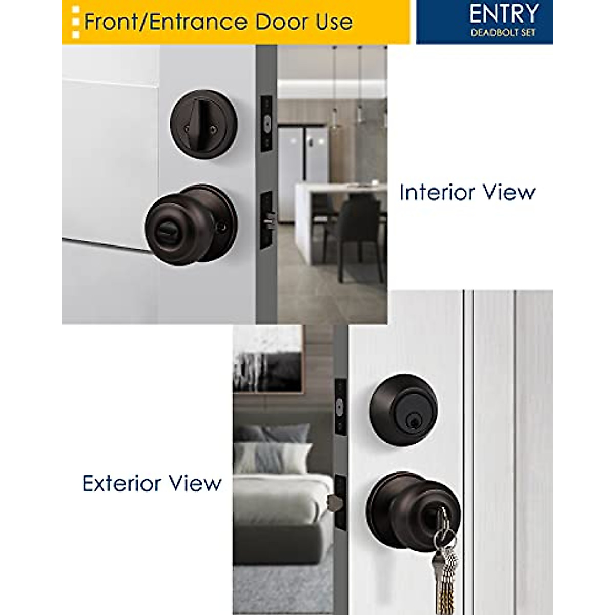 4 Pack Entry Door Knob and Deadbolt Set, Keyed Alike Oil Rubbed Bronze Exterior Door Knob with Single Cylinder Deadbolt Lock Set, Front Door Knob and Deadbolt for Entrance and Office Door