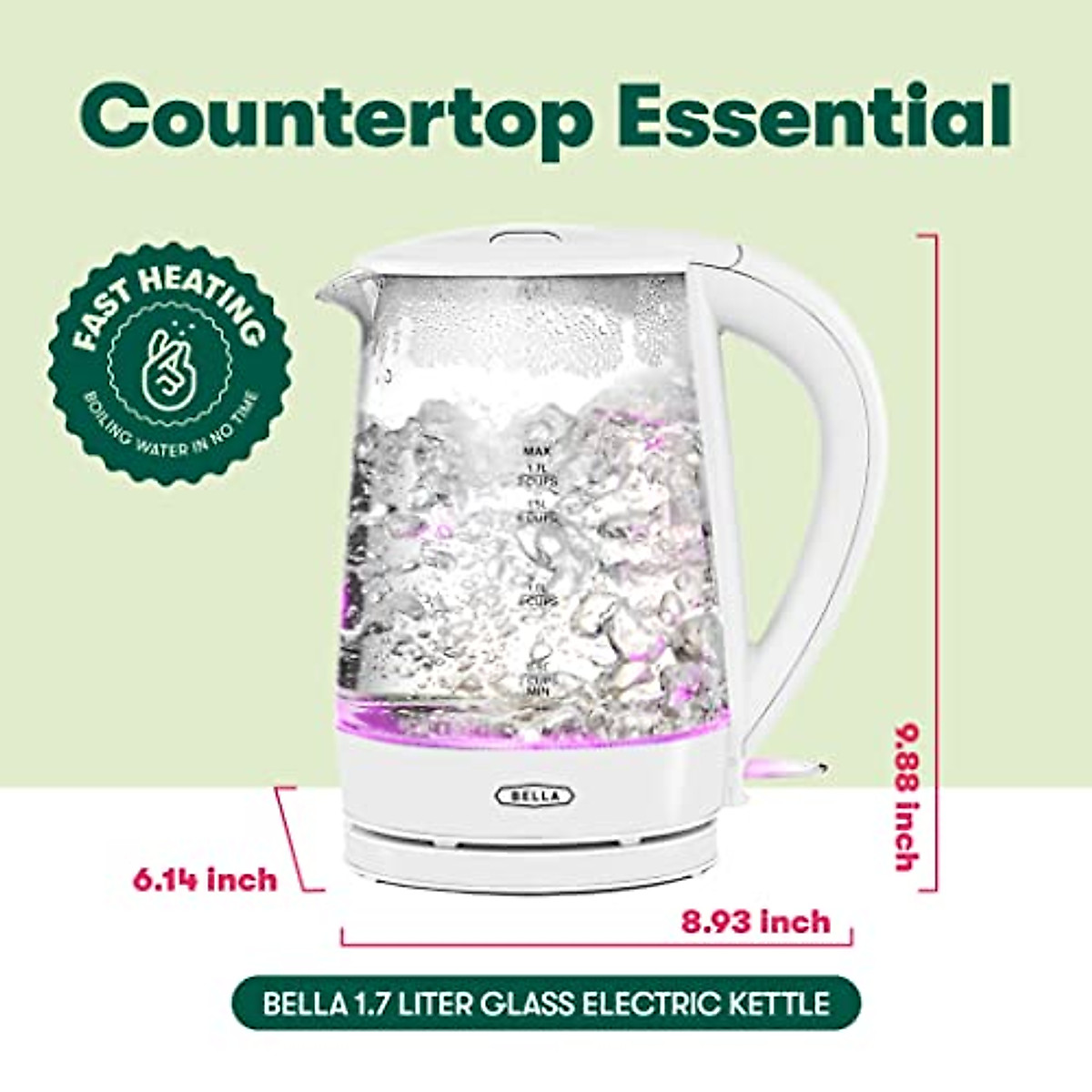 BELLA 1.7 Liter Glass Electric Kettle, Quickly Boil 7 Cups of Water in 6-7 Minutes, Soft Pink LED Lights Illuminate While Boiling, Cordless Portable Water Heater, Carefree Auto Shut-Off, White