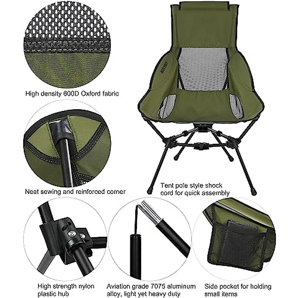MARCHWAY Lightweight Folding High Back Camping Chair with Head Support, Stable Portable Compact for Outdoor Camp, Travel, Beach, Picnic, Festival, Hiking, Backpacking (Green)