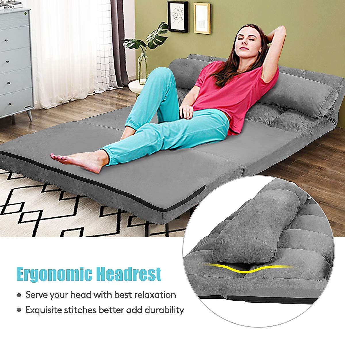 S AFSTAR Safstar Floor Folding Couch and Futon Sofa, 6-Position Fabric Sleeper Sofa Bed with 2 Pillows and Sponge Filling, Adjustable Lazy Sofa for Living Room and Bedroom(Gray)