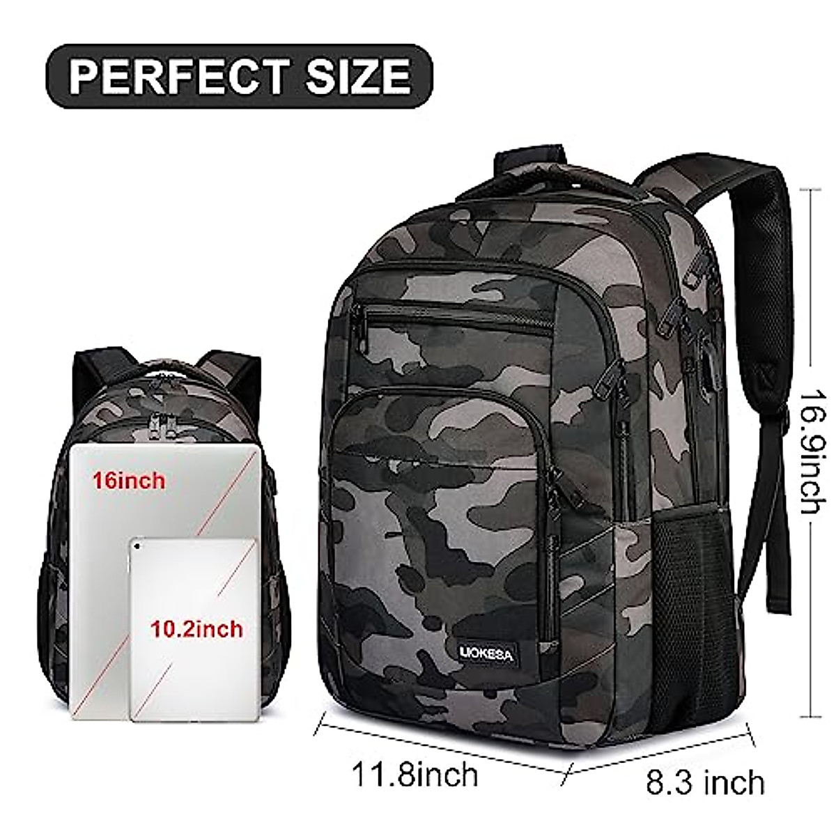 Liokesa Laptop Backpack for Men, Large School Backpack for Teens, Business Slim Laptop Backpack with USB Charging Port, 15.6 Inch Anti Theft Water Resistant College Bookbag Computer Bag Daypack, Camo