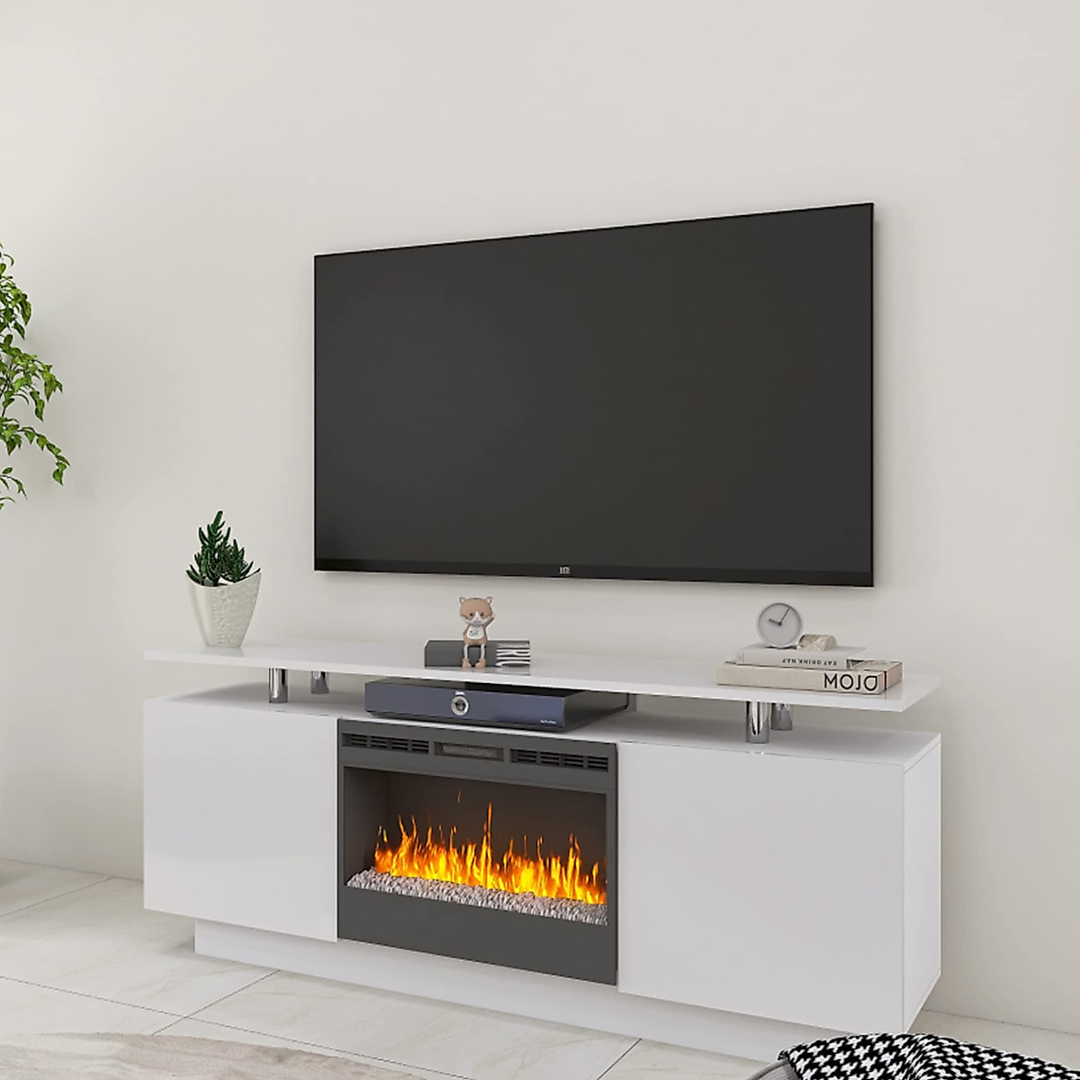 GLITZS 160CM High Gloss TV Cabinet tv Unit with Fireplace,Have Heat and Flame Color Changes