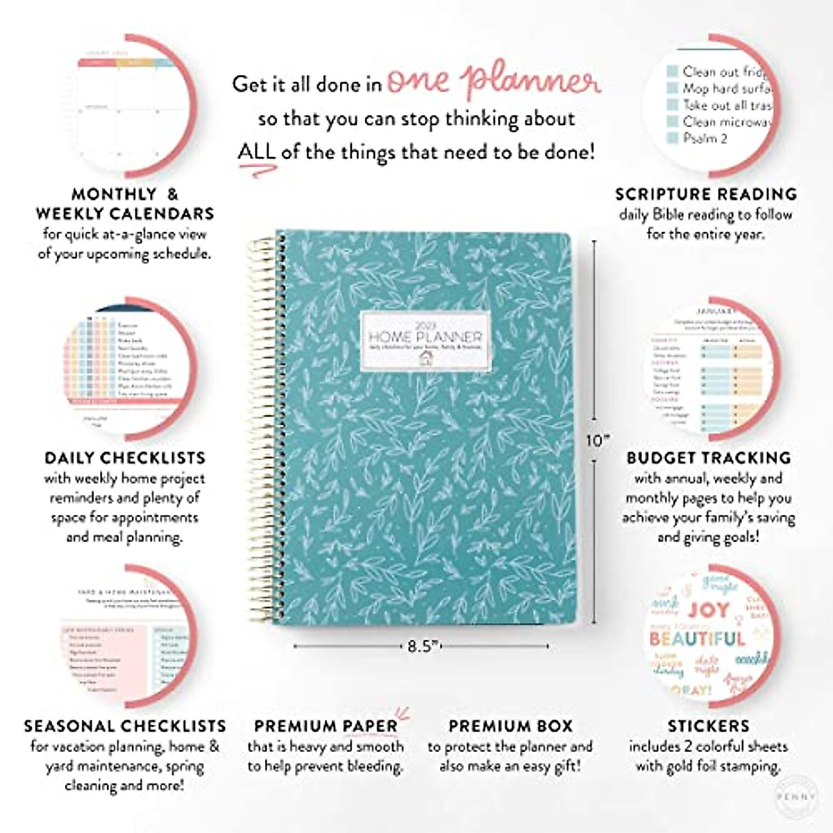 PPP 2023 Home Planner (Blue Leaf) | Work from Home Planner w/Stickers | Daily Checklist | Monthly Budget Worksheet | Monthly Calendar Layout | Vacation Checklist | Coil Binding | Poly Laminated Cover
