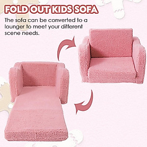 Furnishh Kids Sofa Couch Fold Out, Baby Toddler Comfy Soft Chair for Boys Girls, Flip Out Foldable Children 2 in 1 Convertible Sofa to Lounger, Folding Child Sleeper for Playroom, Pink
