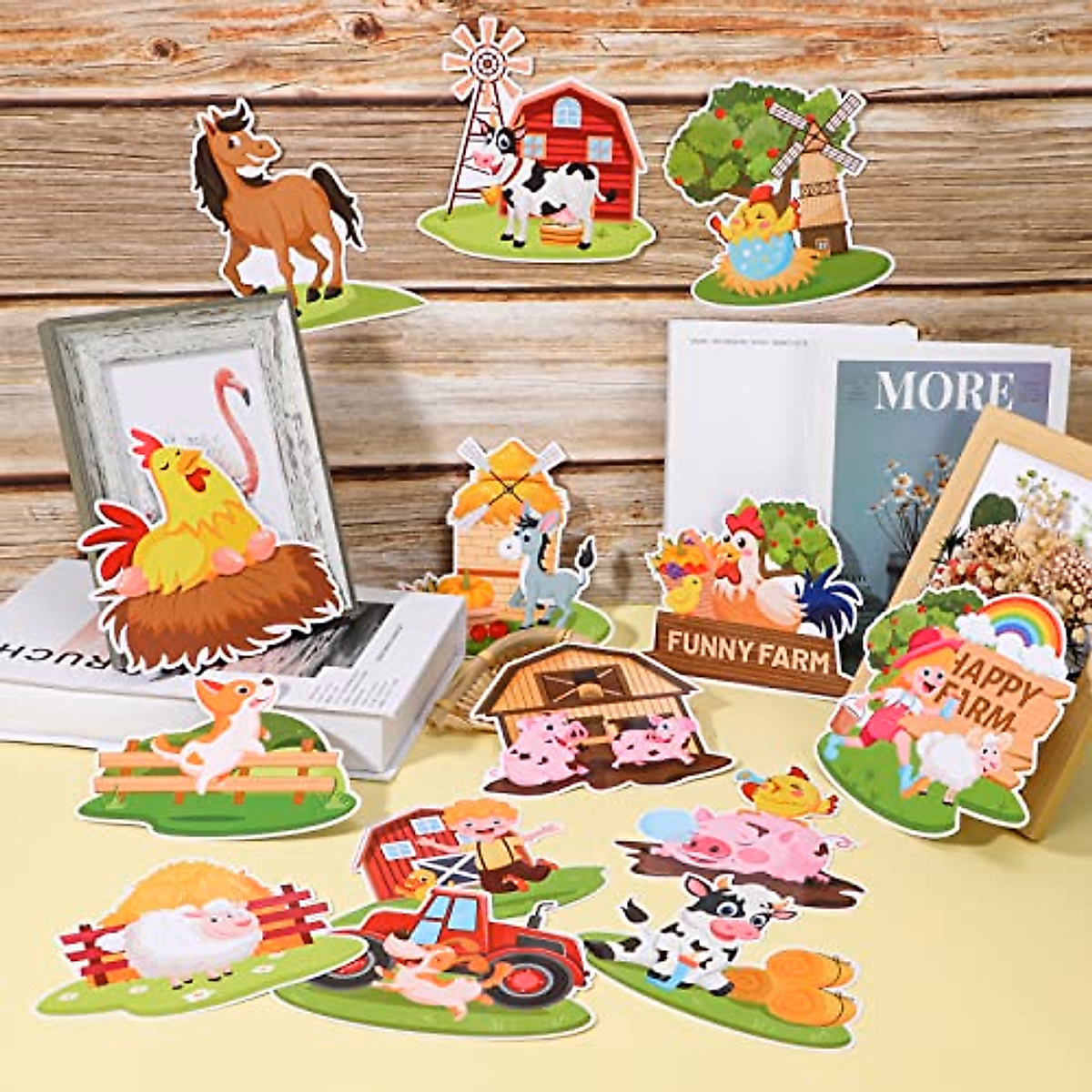 MWOOT 45 Pcs Farm Animals Cutout Double Sided Printing Cardboard Cutting,Paper Cut Bulletin Board Set with Glue Point Dots,Creative Cardstock for Kid Classroom Barnyard Party decor (15 Styles,15x15cm)