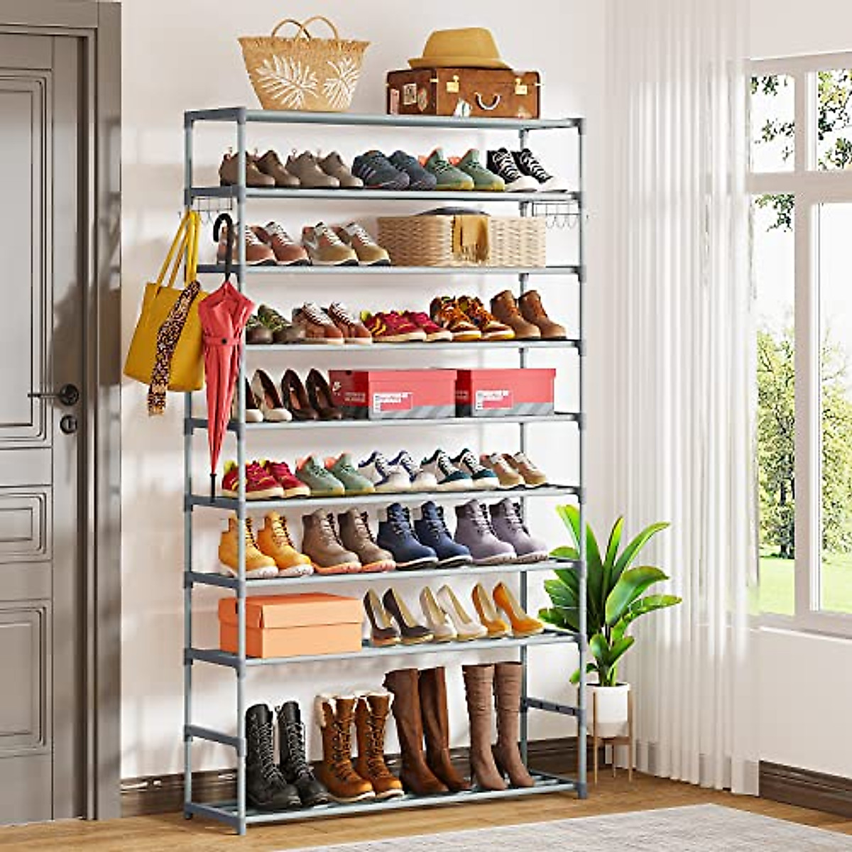Tribesigns 10 Tiers Shoe Rack Shoe Shelf Large Capacity Shoe Organizer Tall Shoe Storage for Closet Entryway, Space Saving Shoe Tower for Living Room Hallway (Grey)