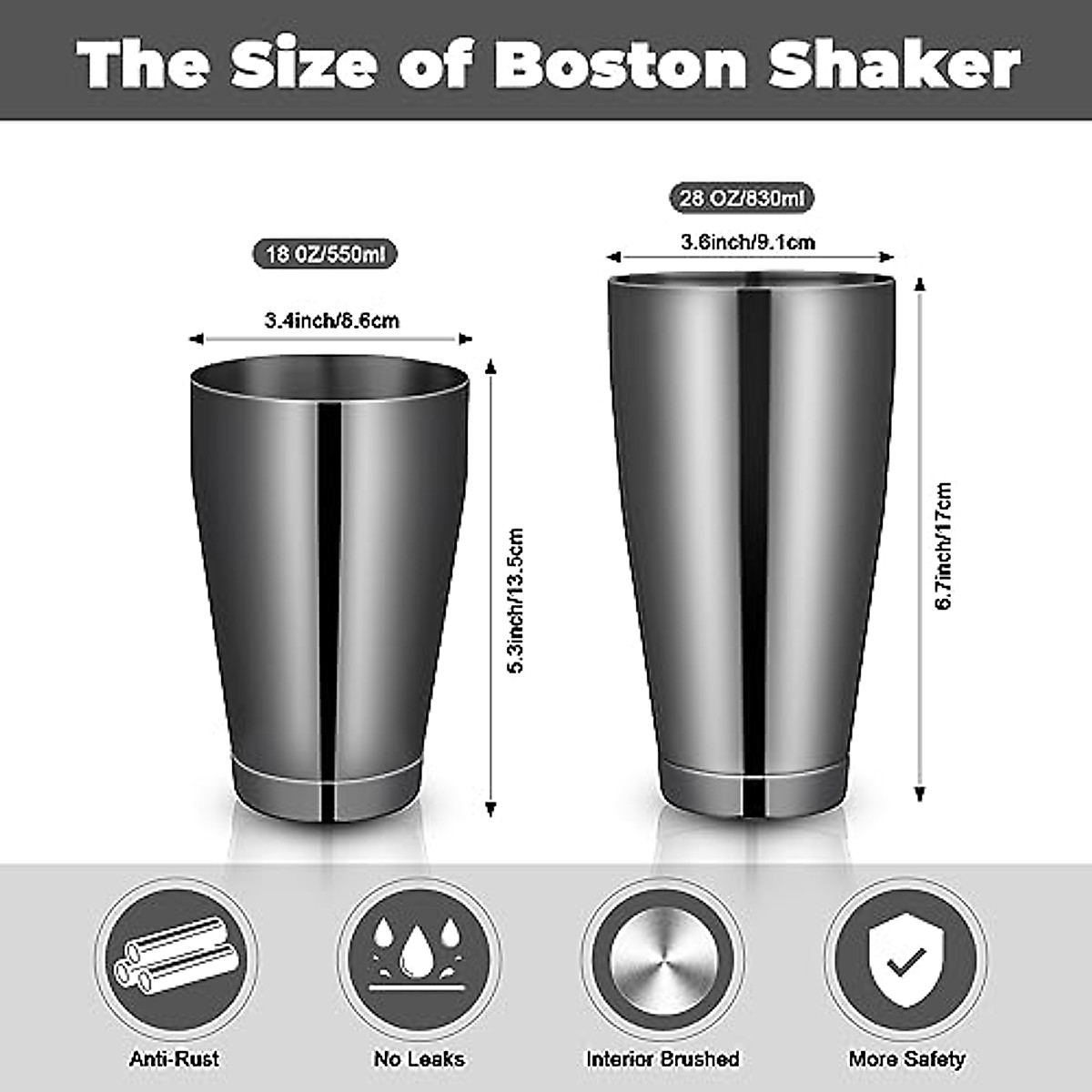 6 Pcs Cocktail Shakers Professional Bar Shaker Boston Shaker Set Stainless Steel Martini Shaker Drink Mixer Basic Tool Weighted Shake Metal Can Cocktail Shaker Set, 18 oz, 28 oz (Black)