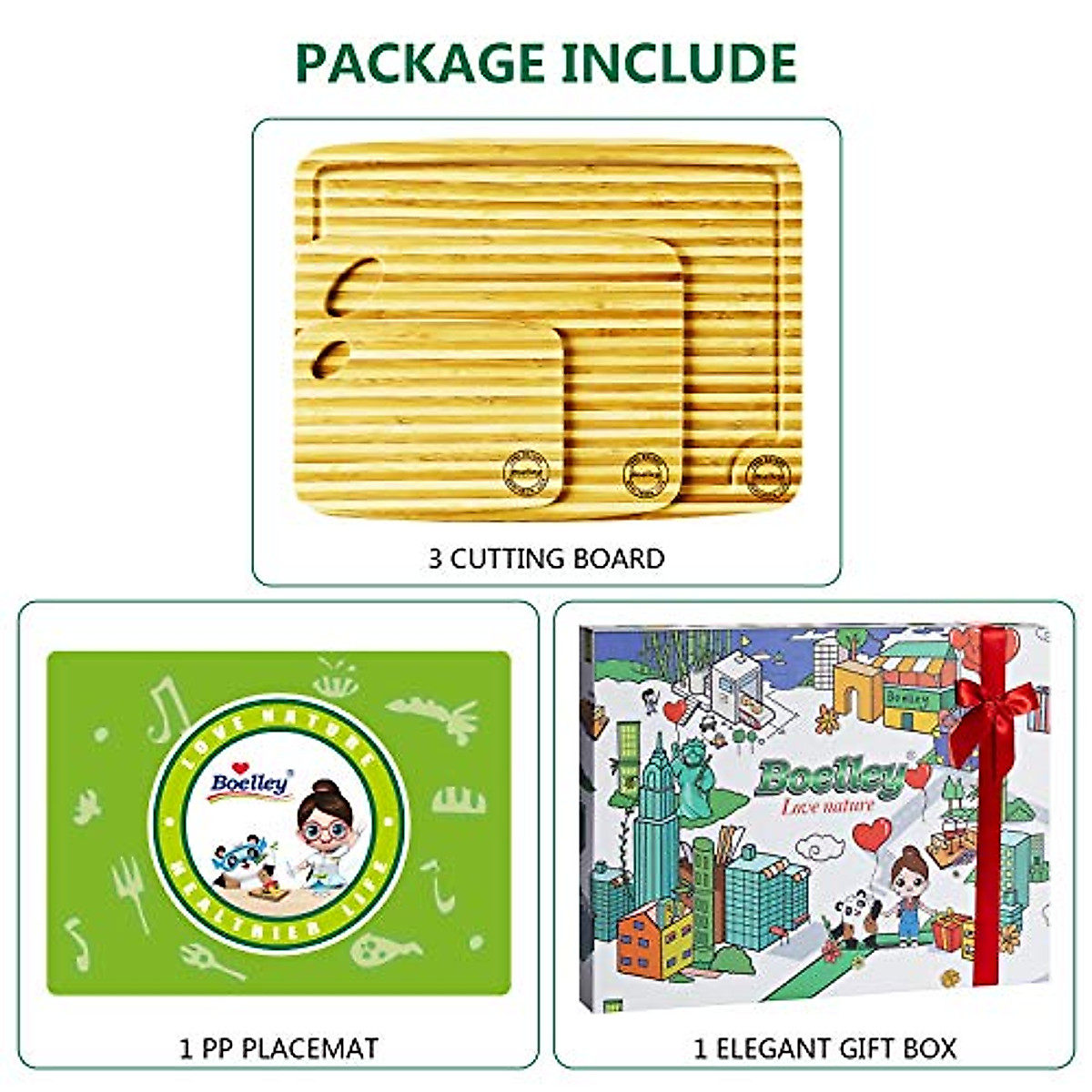 Boelley Bamboo Cutting Board set of 3 w/1 PP Placemat,Wood Cutting Board Set w/Juice Groove-Handles Chopping Board for kitchen Small & Large wooden cutting board,butcher block serving tray