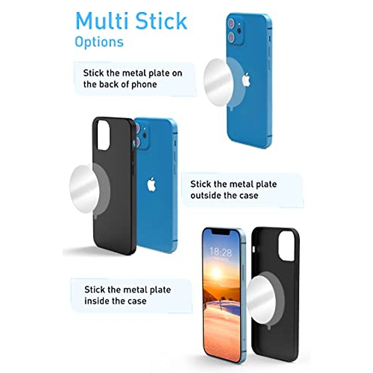 Metal Plate for Magnetic Car Mount - Tryone 4 Pack Disc with 3M Adhesive Compatible with Phone Magnets/ Cell Phone Automobile Magnet Cradles , No Logo or Hole, 2 Rectangle 2 Round, Black&Silver