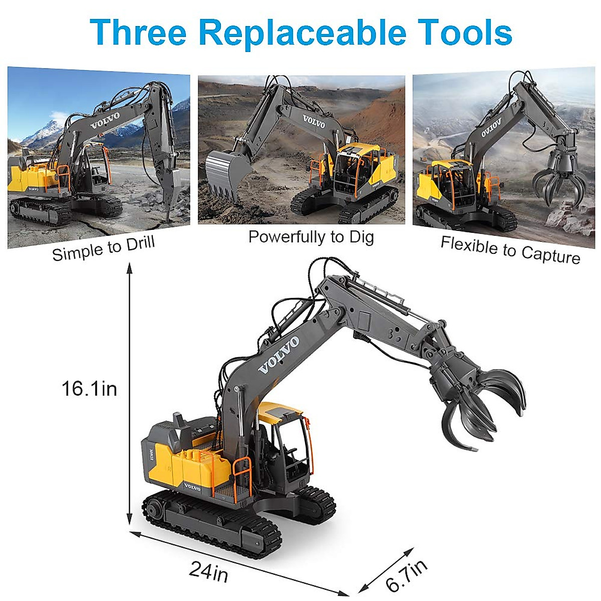 Mostop Remote Control Excavator 1/16 Scale 3 in 1 Shovel Loader RC Excavator Digger Toy with 2 Tools,17 Channel Full Functional RC Construction Truck Vehicle Tractor with Sound and Light