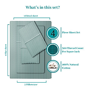 Feather & Stitch 500 TC Queen Size Damask Bed Sheet Set, 100% Soft Cotton Breathable Bedsheets, 18" Deep Pockets Sateen Weave Striped Bedding Mattress Resort Hotel Luxury Décor - (Green, Queen)