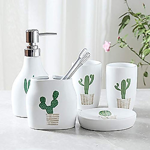 5 Piece Ceramic Bath Accessory Set Includes Bathroom Designer Soap or Lotion Dispenser,Toothbrush Holder,Tumbler,Soap Dish,Wedding,Housewarmung Gift (5 Pieces, Green Cactus)