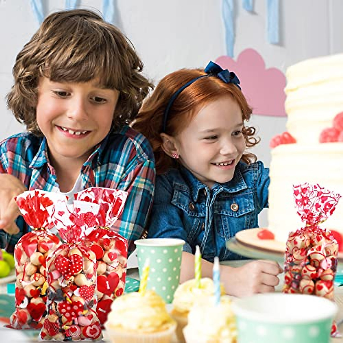 Blulu 180 Pieces Valentines Treat Favor Bags Cellophane Plastic Clear Candy Goodie Gift Bags with 200 Pieces Gold and Red Twist Ties for Valentine's Day Party Decorations, 6 Assorted Styles