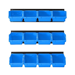 Ultrawall Wall Mounted Storage Bins, Plastic Hanging Storage Organizer Bins, Garage Tool Storage System for Screws, Nuts, Bolts, Nails, and Small Hardware Parts, 12x bins & 3 x rails, Blue