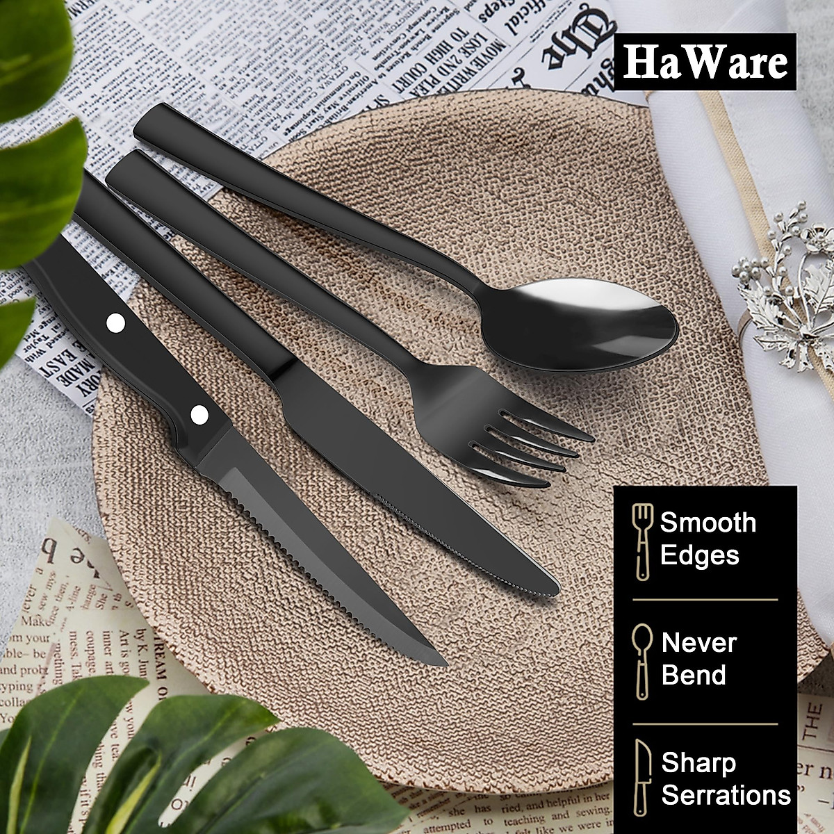 HaWare Black Silverware Set with Steak Knives, 48-Piece Stainless Steel Square Flatware Set for 8, Tableware Cutlery Set Includes Knives/Forks/Spoons, Modern & Elegant Design, Mirror Polished