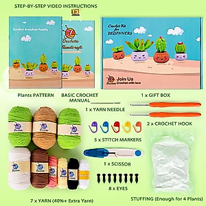 Crochetta Crochet Kit for Beginners - Beginner Crochet Starter Kit with Step-by-Step Video Tutorials, Learn to Crochet Kits for Adults and Kids, DIY Knitting Supplies, 4 Pack Plants Family(40%+ Yarn)