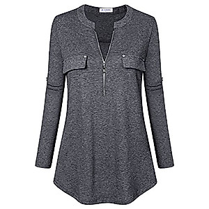 Bulotus Women's Zip Front Long Sleeve Loose Fit Tunic Blouse Casual Top,Grey,Large