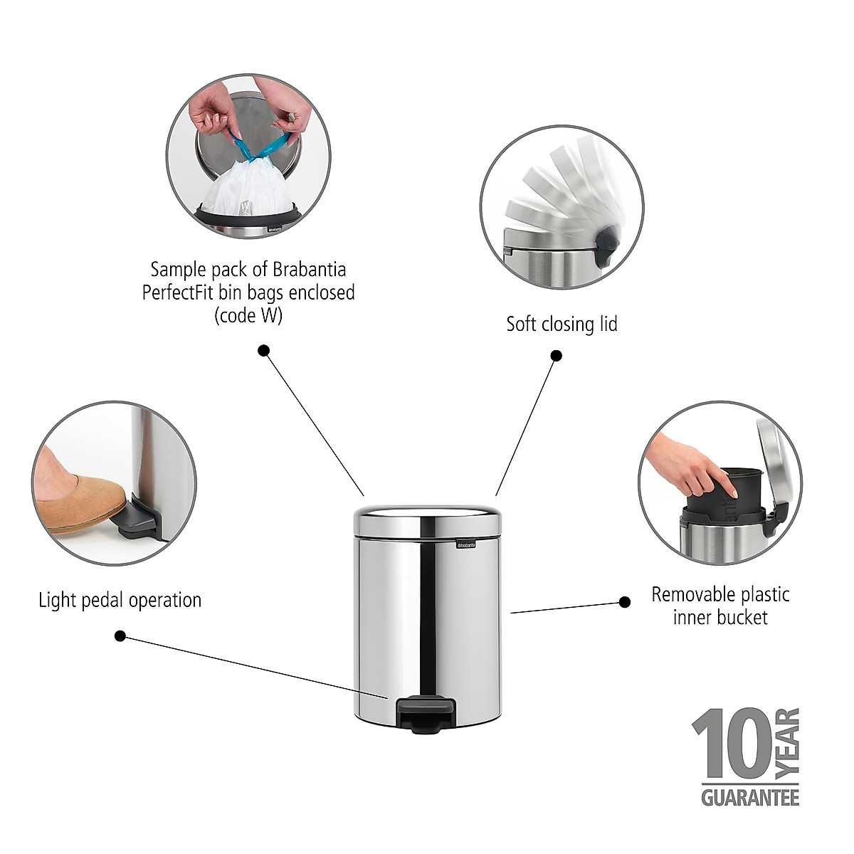 Brabantia New Icon Step Trash Can (1.3 Gal/Brilliant Steel) Soft Closing Kitchen Garbage/Recycling Can with Removable Bucket