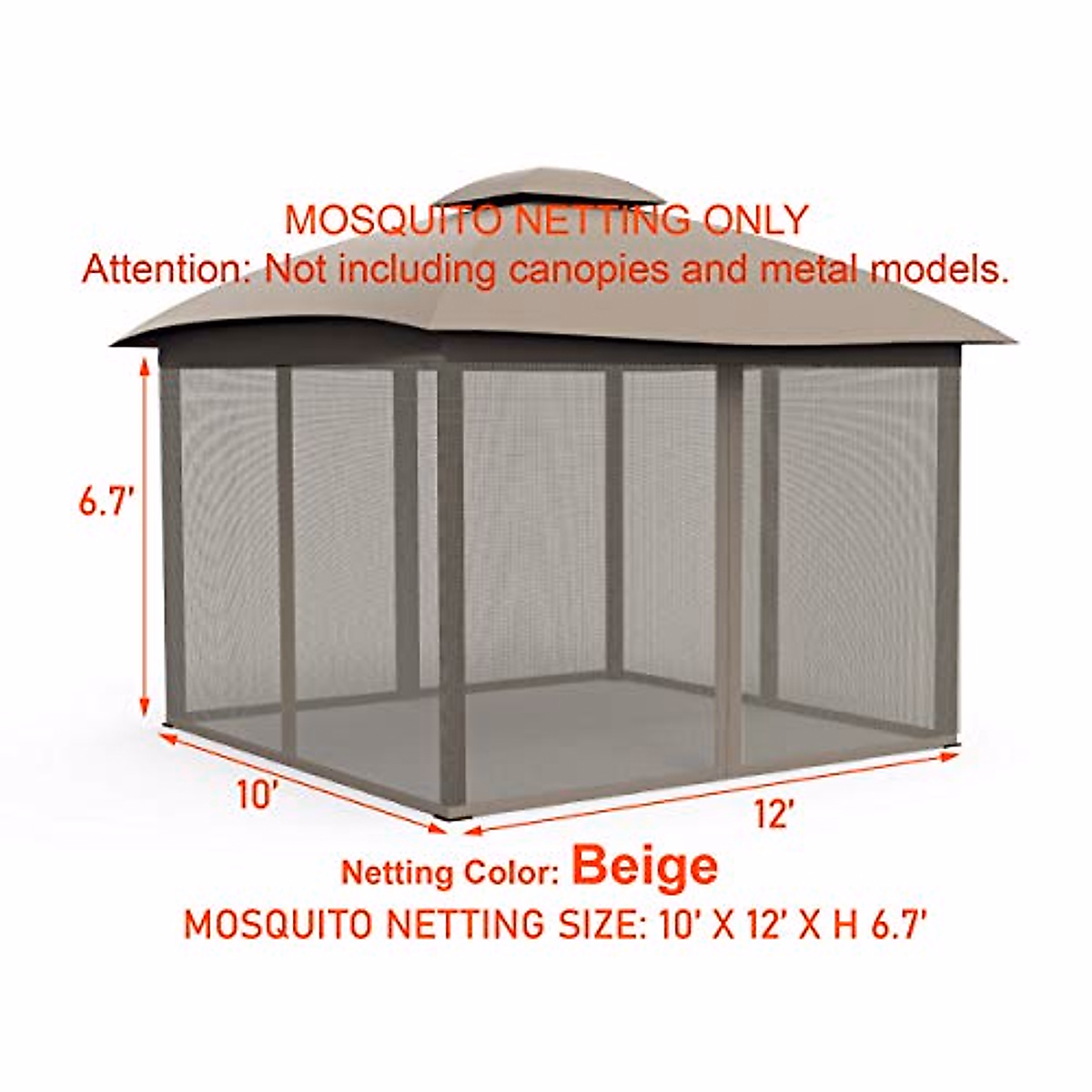 Gazebo Mosquito Netting Screen 4-Panels Universal Replacement for Patio, Outdoor Canopy, Garden and Backyard (10'x12', Beige)