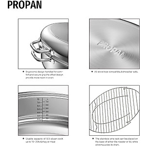 PROPAN Roasting Pan with Rack and Lid 12 Quart,18/10 Stainless Steel Multi-Use Oval Dutch Oven, Induction Compatible Dishwasher/Oven Safe Turkey Roaster,17 Inch