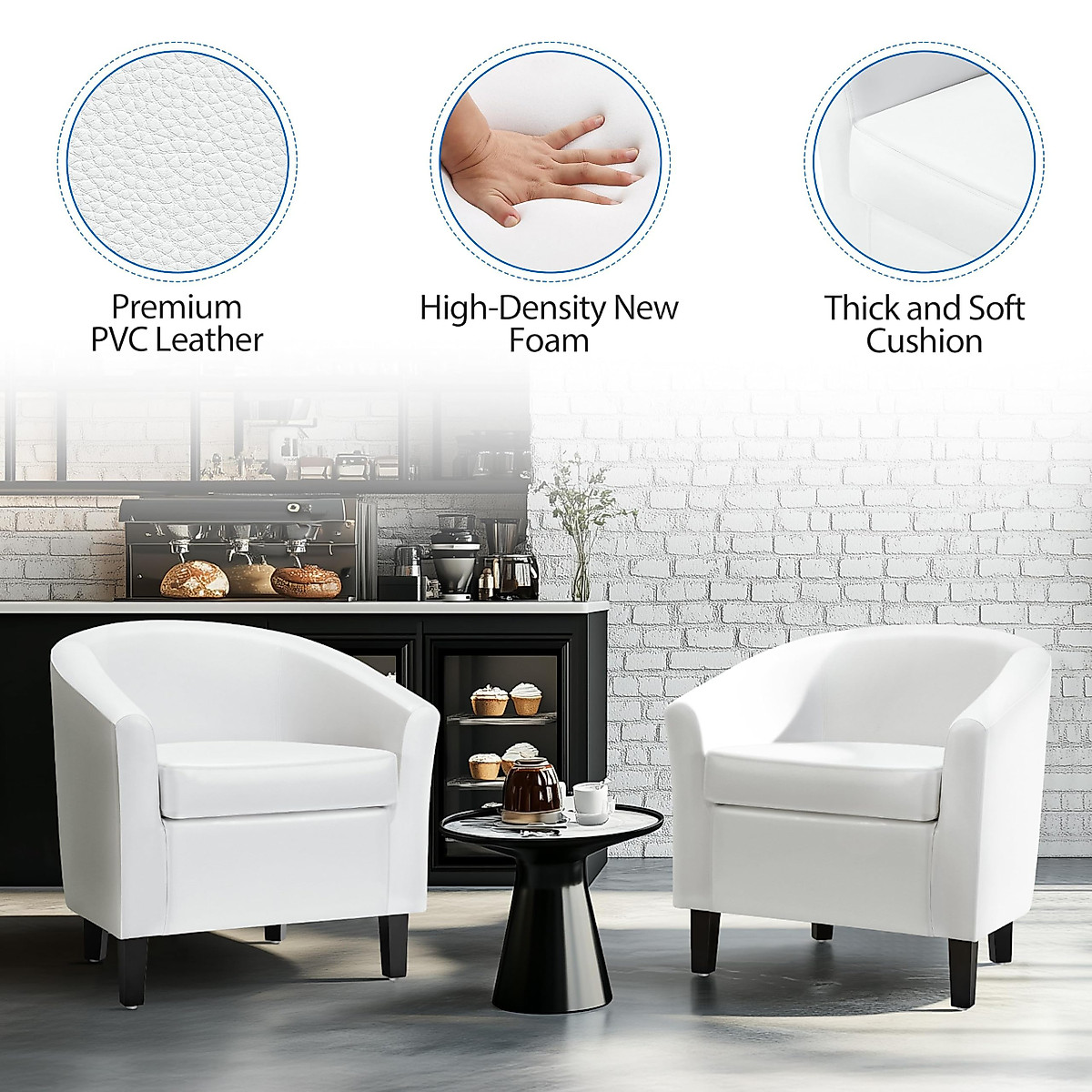 Yaheetech White Leather Chair, Faux Leather Accent Chair, Modern Barrel Chair Comfy Club Chair with Soft Padded and Solid Legs for Living Room Bedroom Reception Room, White