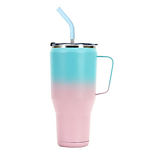 Perched helper 40 oz Tumbler with Handle and Straw, 2-in-1 Lid (Straw/Flip) - Stainless Steel Travel Mug Insulated Vacuum Sealed Cup for Hot and Cold Beverages (Pink Blue)