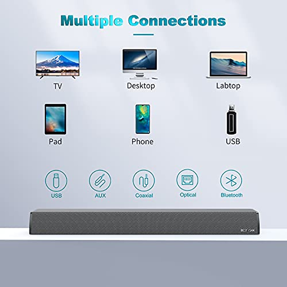 100W , BESTISAN TV Soundbar, Bluetooth 5.1 Wired and Wireless for TV/Home Theater/PC(6 Drivers, 105dB, 3 EQ Modes, HDMI-ARC, Bass Adjustable, 3D Surround Sound)
