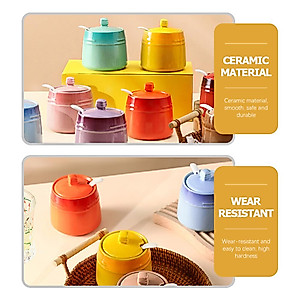 Luxshiny Salt Pig Ceramic Sugar Bowl with Lid and Spoon Porcelain Sugar Salt Pepper Storage Jar Seasoning Container Sugar Holder Sugar Cube Jar Coffee Bar Accessories Orange